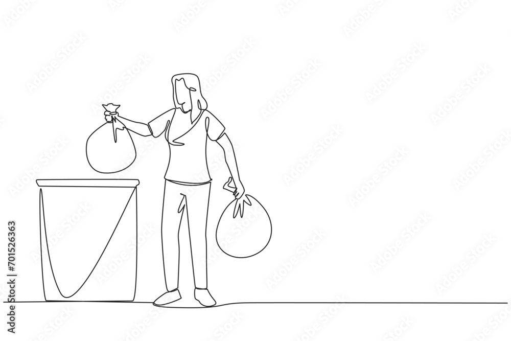 Single continuous line drawing woman puts trash bag into trash can ...