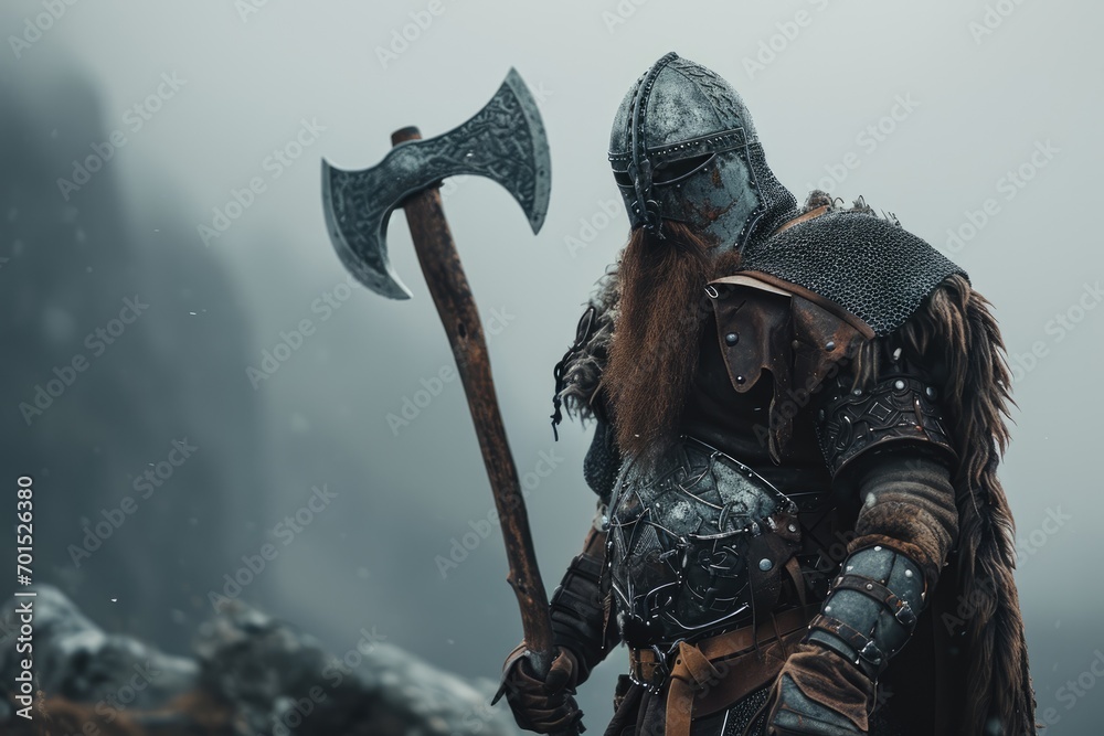 Nordic Fury: A Fierce Viking Warrior in Battle Gear, Wielding a Mighty ...