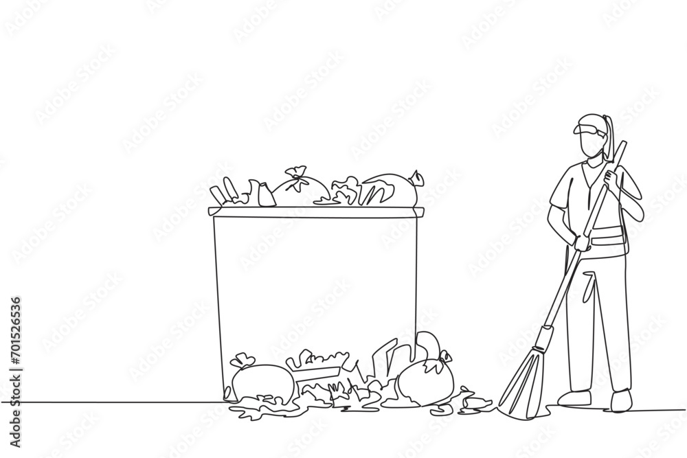 Continuous one line drawing trash woman cleans rubbish by sweeping it ...