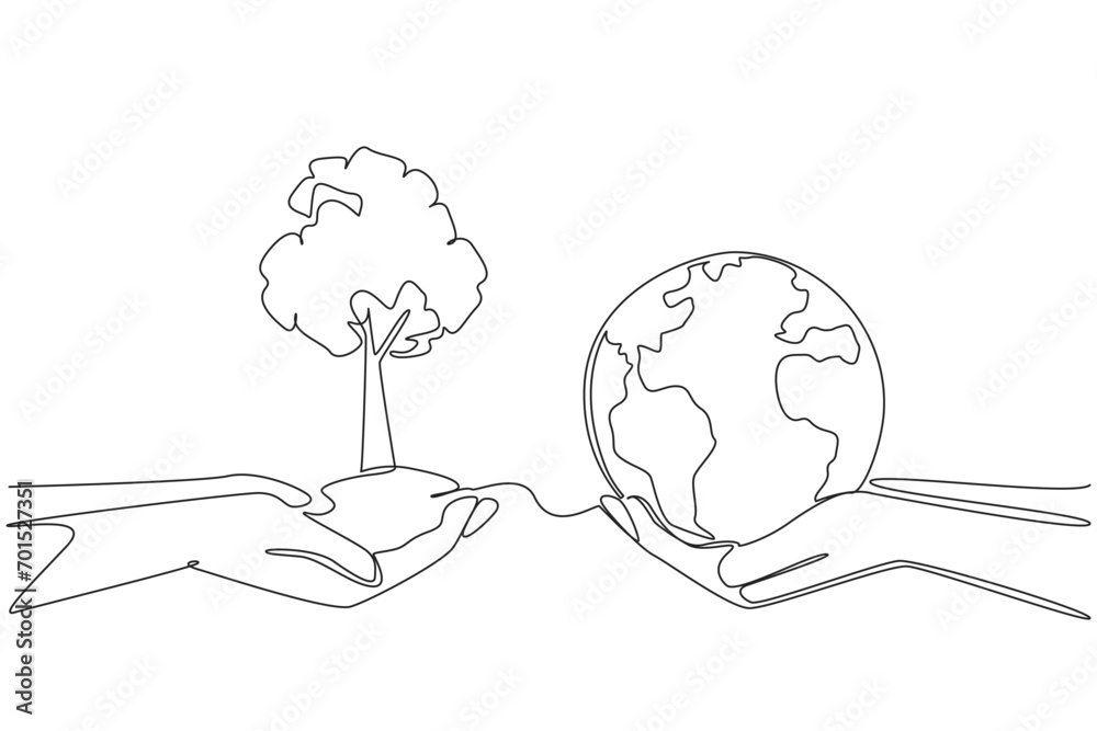 Single continuous line drawing two pairs of hands, each holding a plant ...