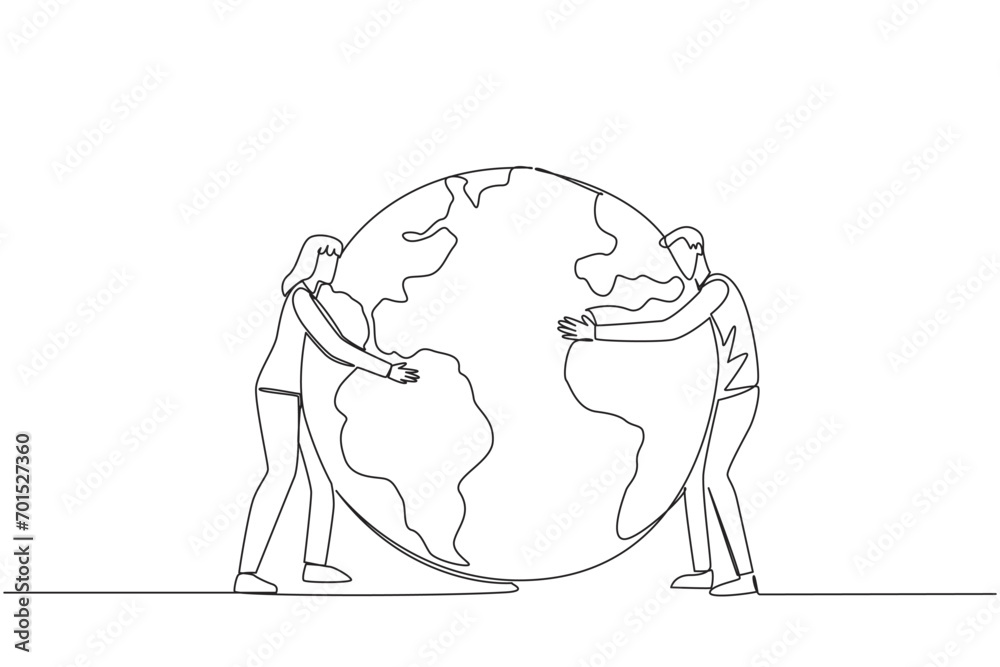 Continuous one line drawing man and woman standing hugging earth ...