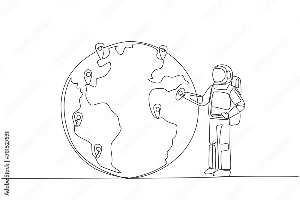 Continuous one line drawing astronaut places a pin location point on ...