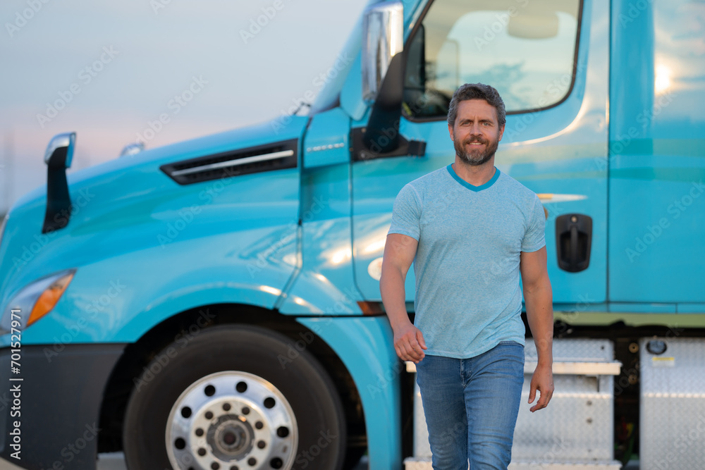 Men driver near lorry truck. Man owner truck driver near truck ...