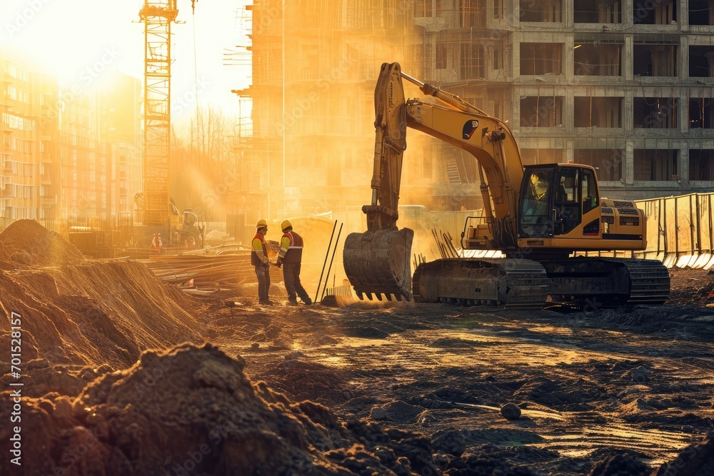 Heavy Machinery: Construction Workers Operating Excavators at a ...
