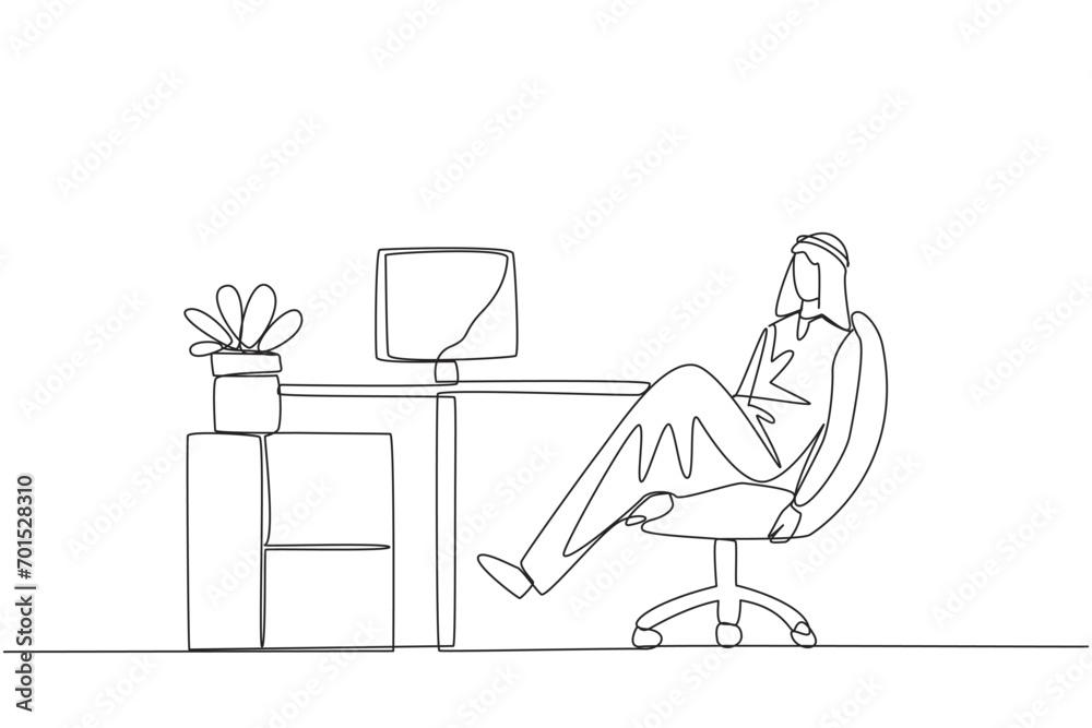 Single continuous line drawing Arab man sits in work chair with one of ...
