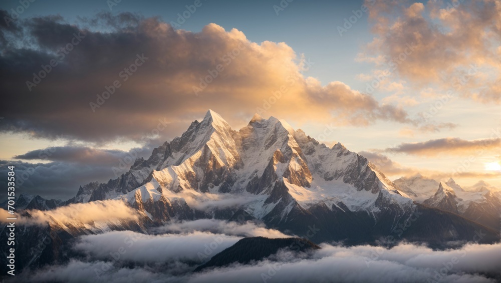 Mountain peak at sunrise, A majestic mountain peak with a golden ...