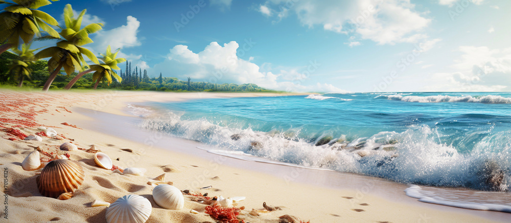 tropical beach Shells on the sand, palm trees, coconuts, sea view and ...