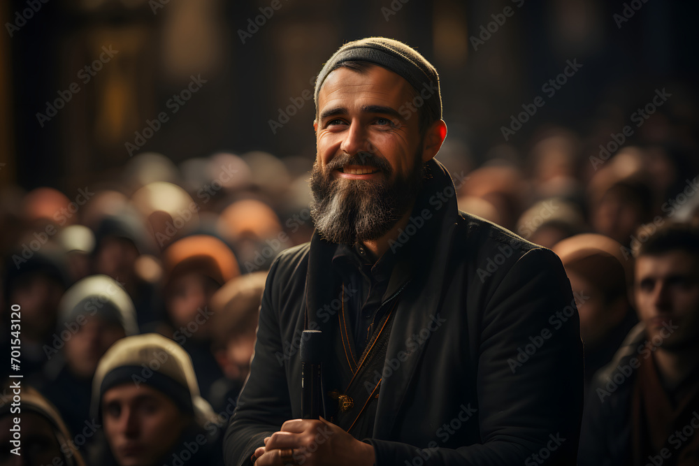 Islamic Imam Conducts a Sermon at the Mosque. Muslim Imam Preaching to ...