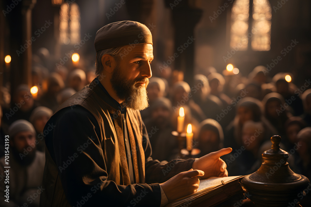 Islamic Imam Conducts a Sermon at the Mosque. Muslim Imam Preaching to the People in the Mosque ...