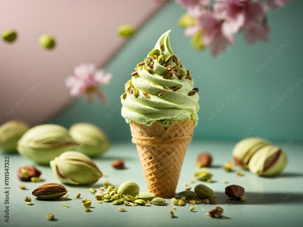 Delicious pistachio gelato ice cream cone, the crisp waffle cone ...