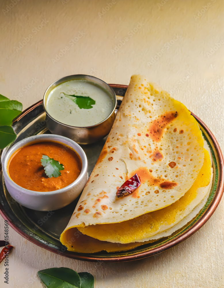 Masala dosa with chutney and sambar and potato sabzi, conical ...