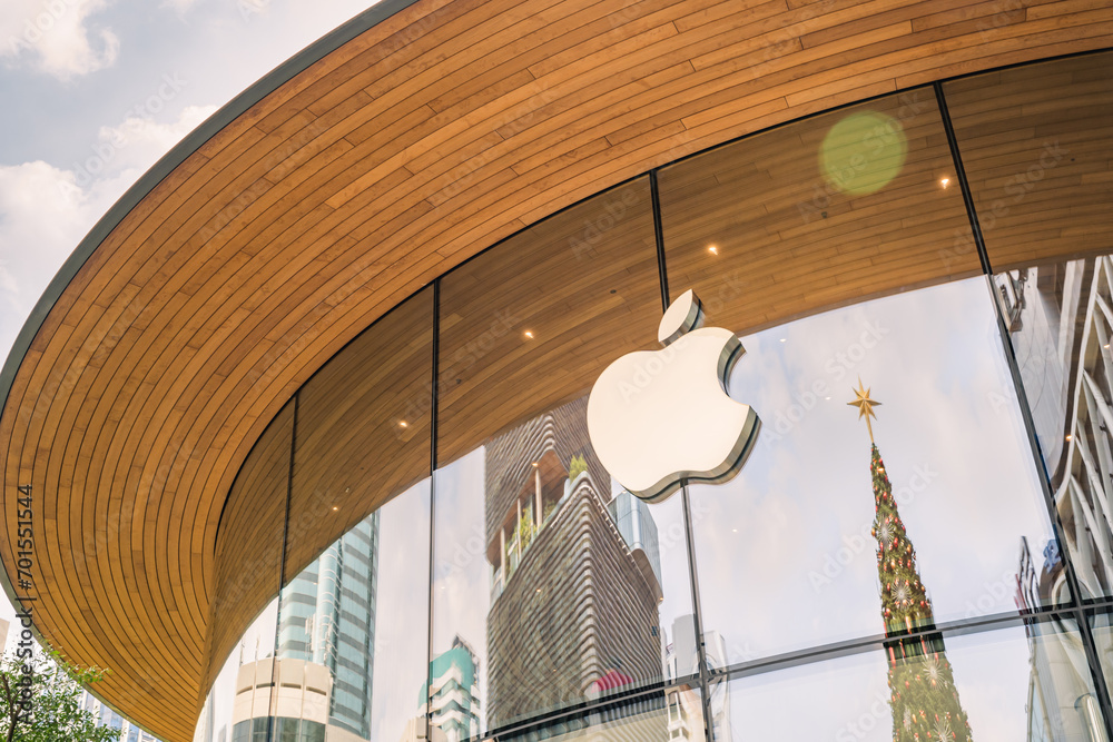 Bangkok Thailand DEC 30 2023: Apple logo at apple store of Central world shopping center. Apple ...