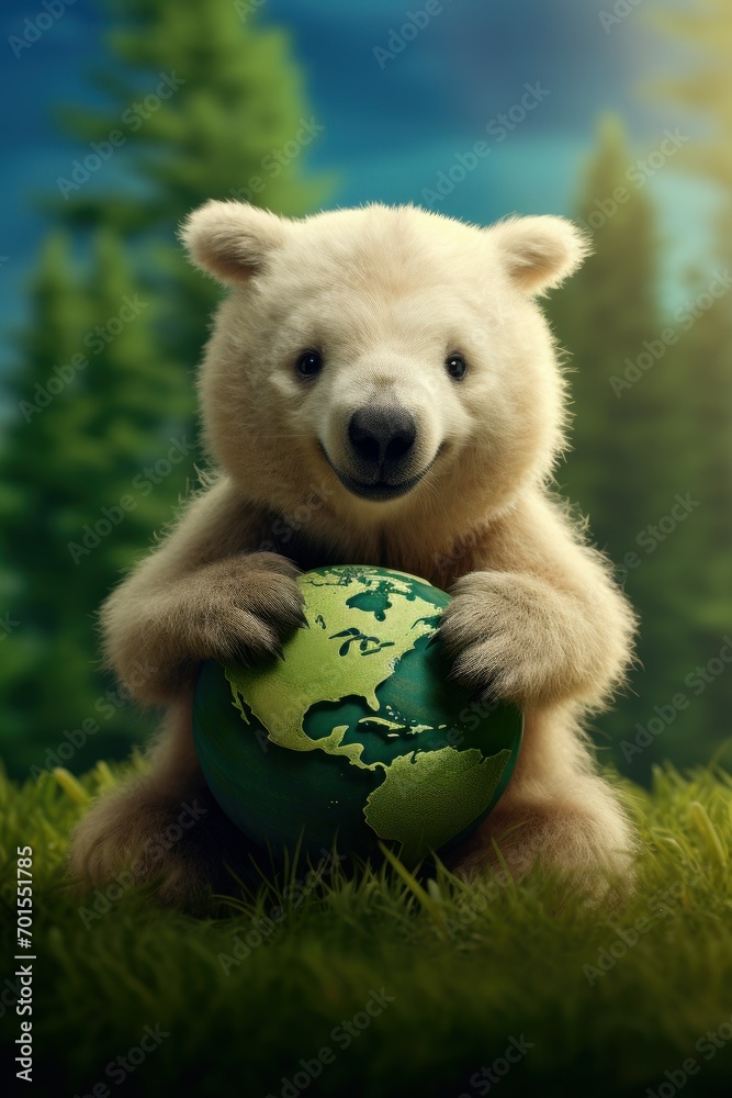 Bear Hugging Embracing Planet Globe Earth for Nature Protection, Earth ...