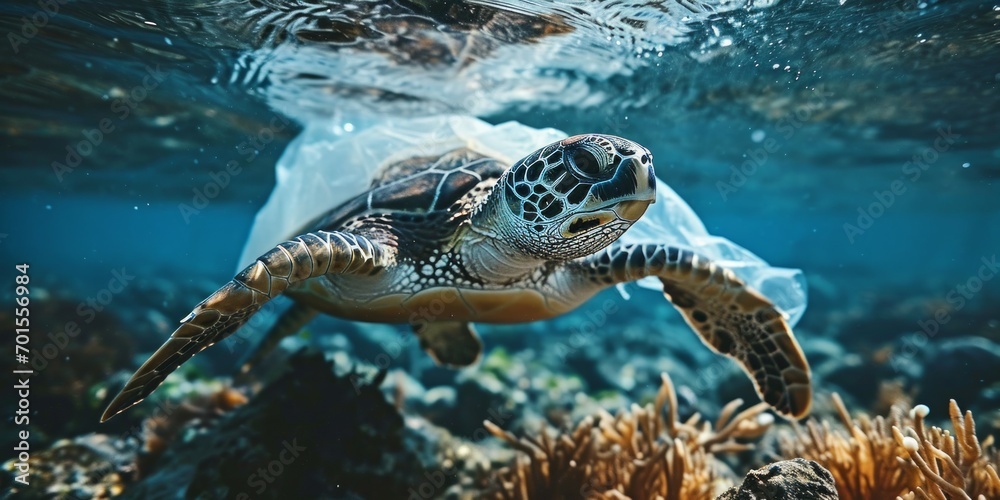 a sea turtle entangled in plastic amidst the vivid underwater scenery ...