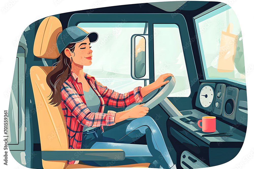 Flat vector illustration, a young girl a cargo truck driver is ...