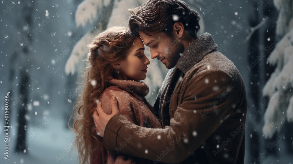 A couple in love embraces in a winter wonderland, their romantic ...