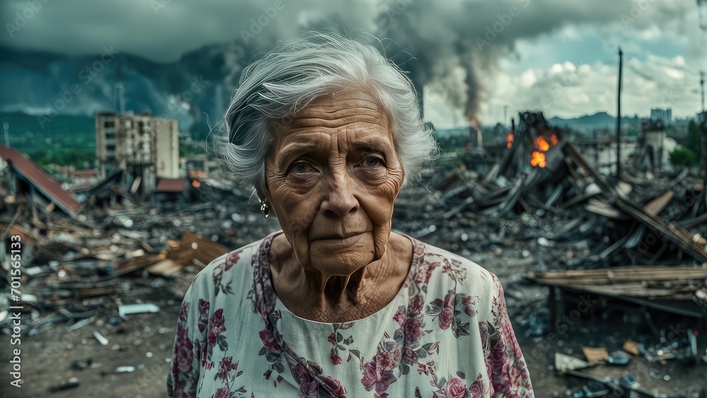 An elderly woman who survived a natural disaster. Portrait of an ...