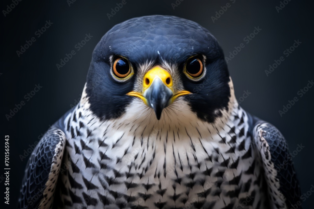 A hawk, a bird of prey, is captured in a sharp-focused portrait, its ...