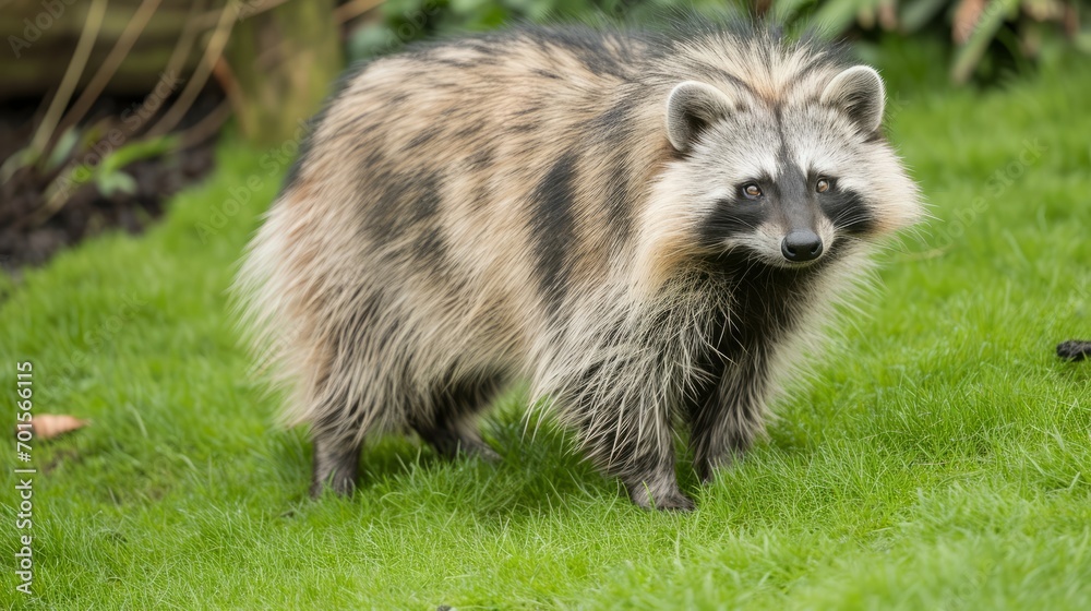 A raccoon, possibly anthropomorphic or a raccoon dog, stands in a lush ...