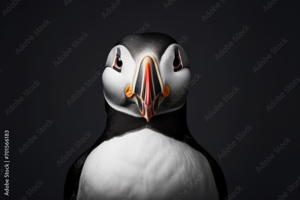 An Atlantic puffin is captured against a black background, its portrait ...