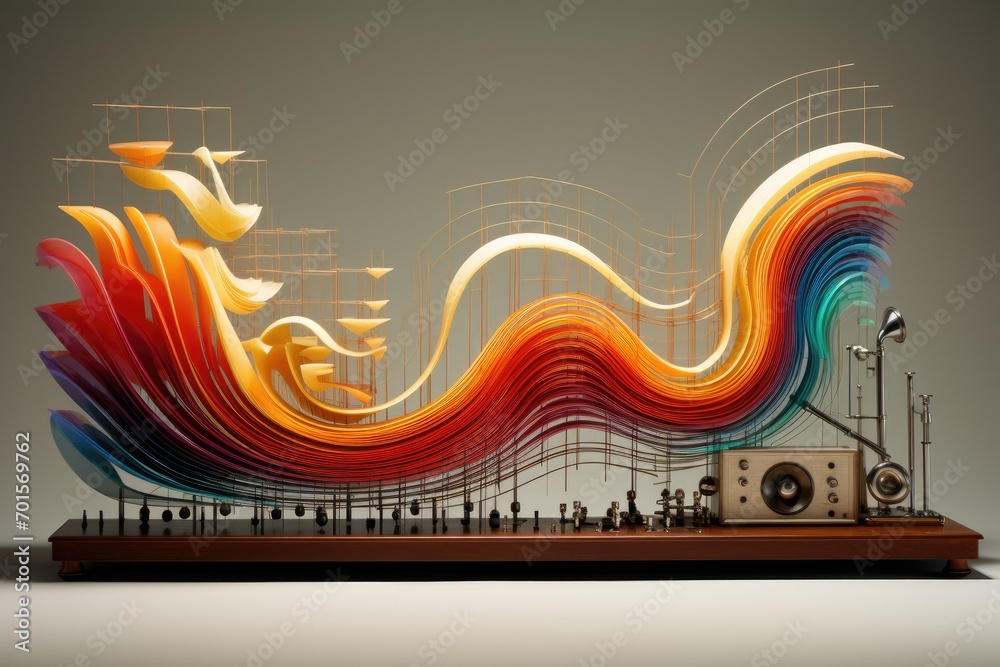 music player with colorful sound wave on gray background. 3d ...