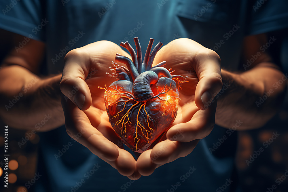 Hand holding an anatomical human heart model on and simulates the human ...