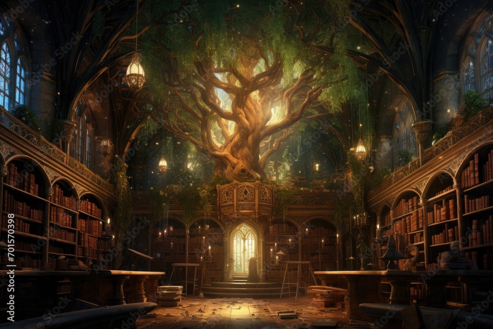 Digital Illustration of a Gothic Library in a Victorian Style with a ...