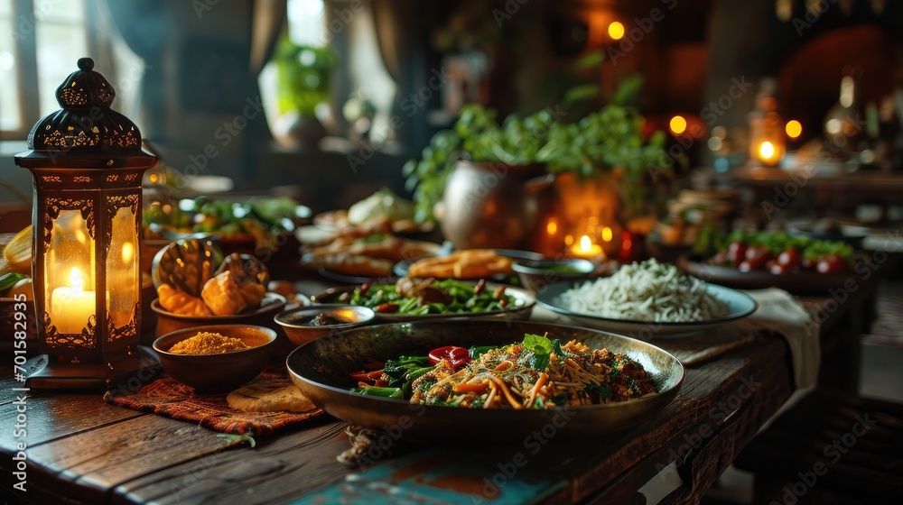 Foto de Close up Arabic meal on wooden table with dates and lamp at ...
