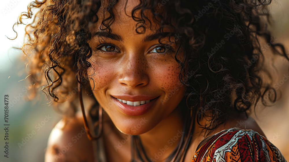 Beautiful young African American woman with curly hair poses cheerfully ...