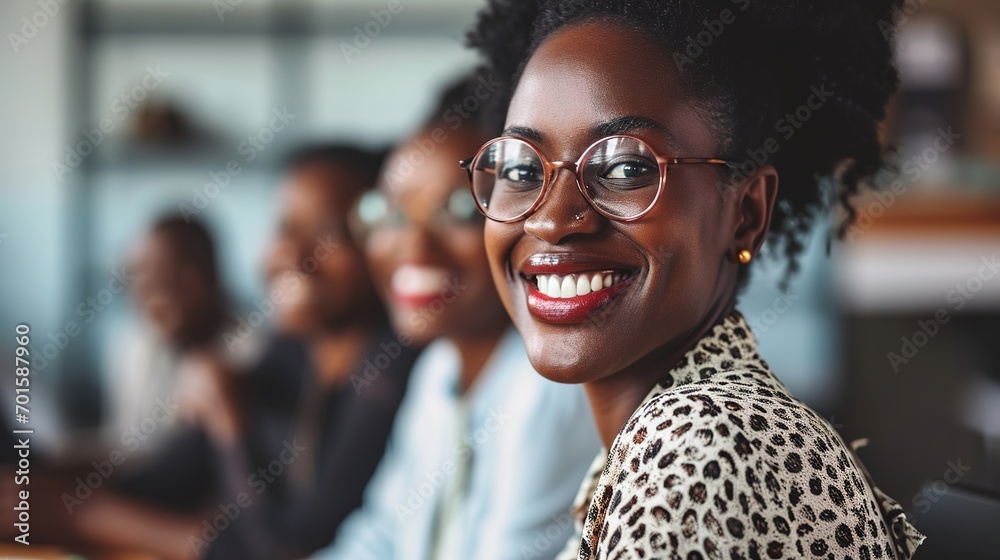 Woman, face, and smile in the office with team, vision, and leadership ...