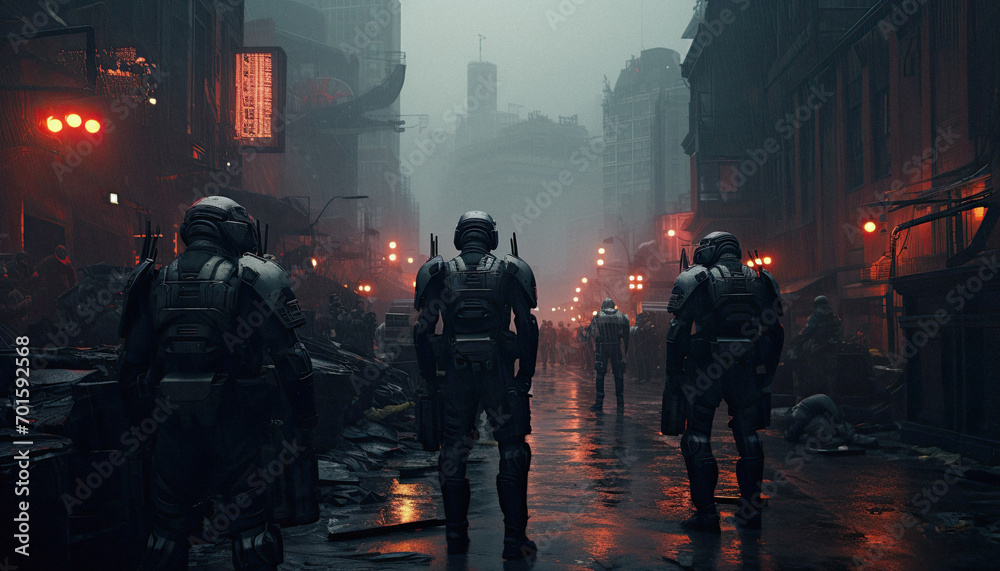 Fényképezés Futuristic Police Patrol in a Dystopian City: A scene of ...