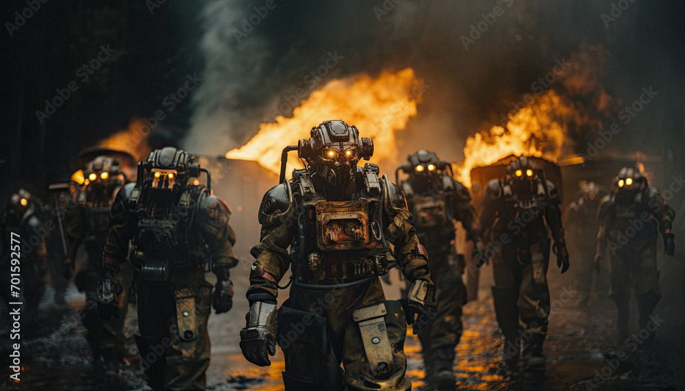 skeleton Robots with advanced heat-resistant armor, moving close to ...