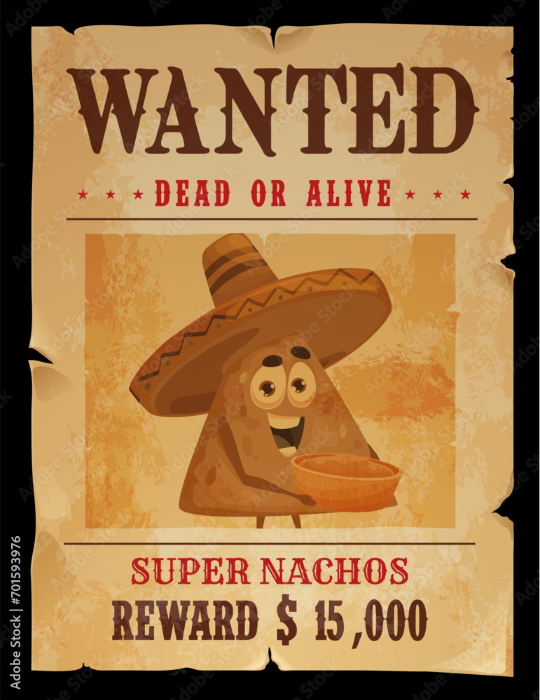Western vintage wanted poster with nachos bandit. Wild West robber or ...