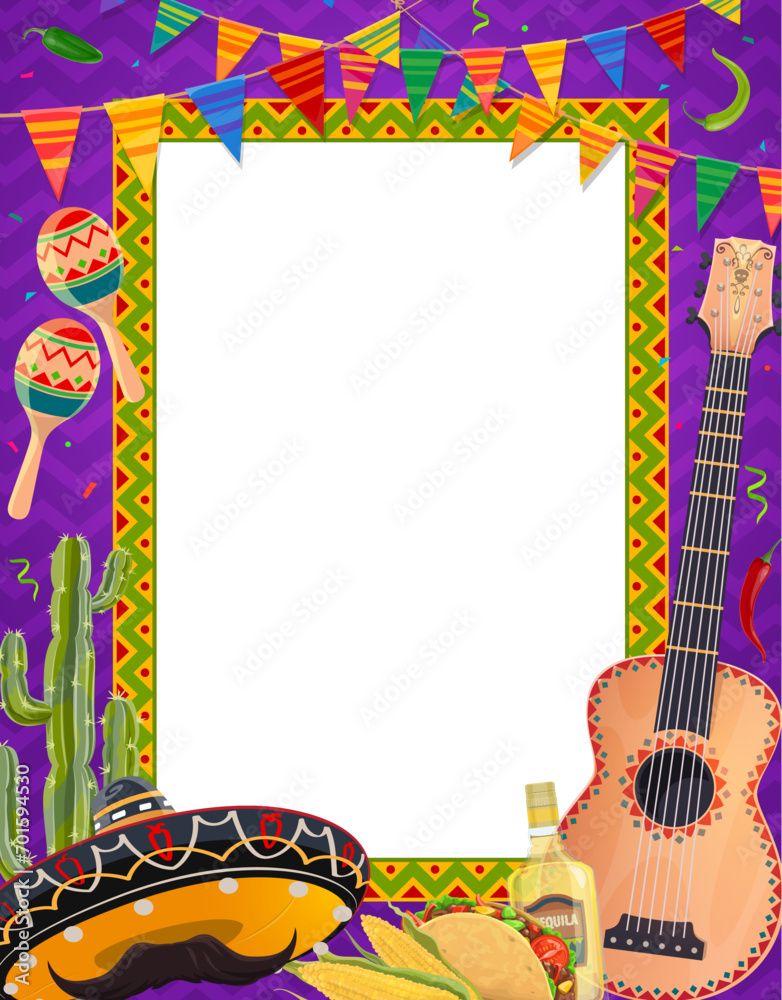 Cinco de Mayo Mexican holiday frame with sombrero, guitar and tequila ...