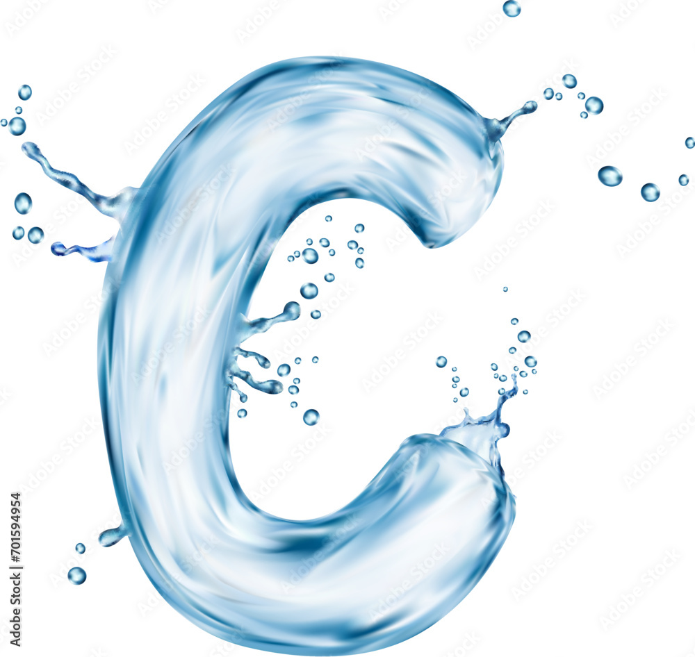 Realistic water font, letter C flow splash type, liquid aqua typeface ...