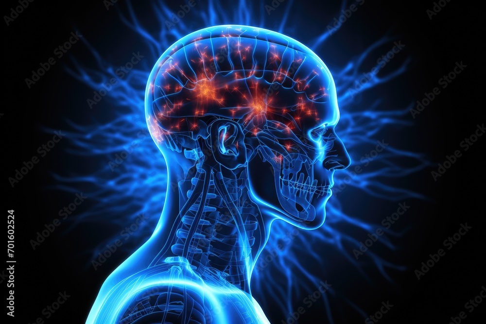 Digital illustration of human brain in colour background with glowing ...