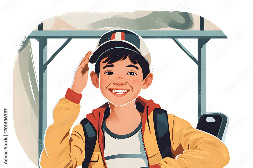 Flat vector illustration, portrait of teenage boy son of a tradie ...