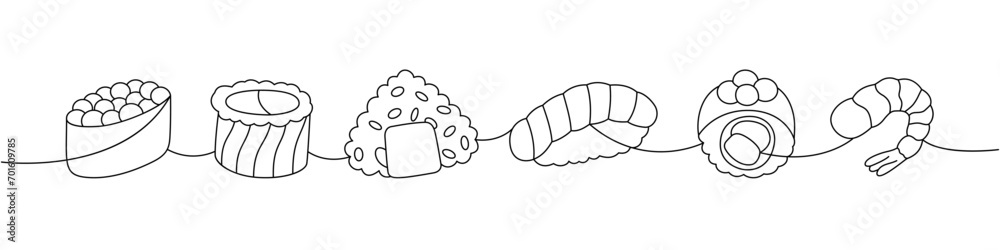 Sushi set. Japanese cuisine, traditional food one line drawing. Ikura ...