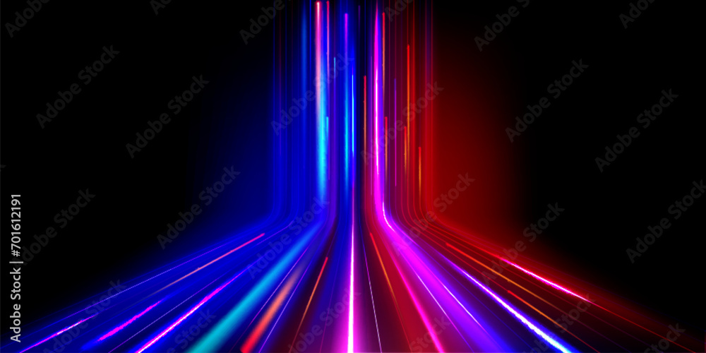 Neon glowing fiber with high speed motion effect. Blue and red line ...
