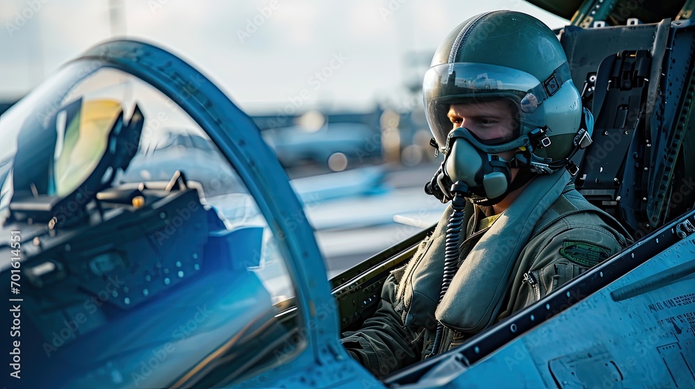 The pilot is sitting in the cockpit of a jet fighter on the deck of an ...