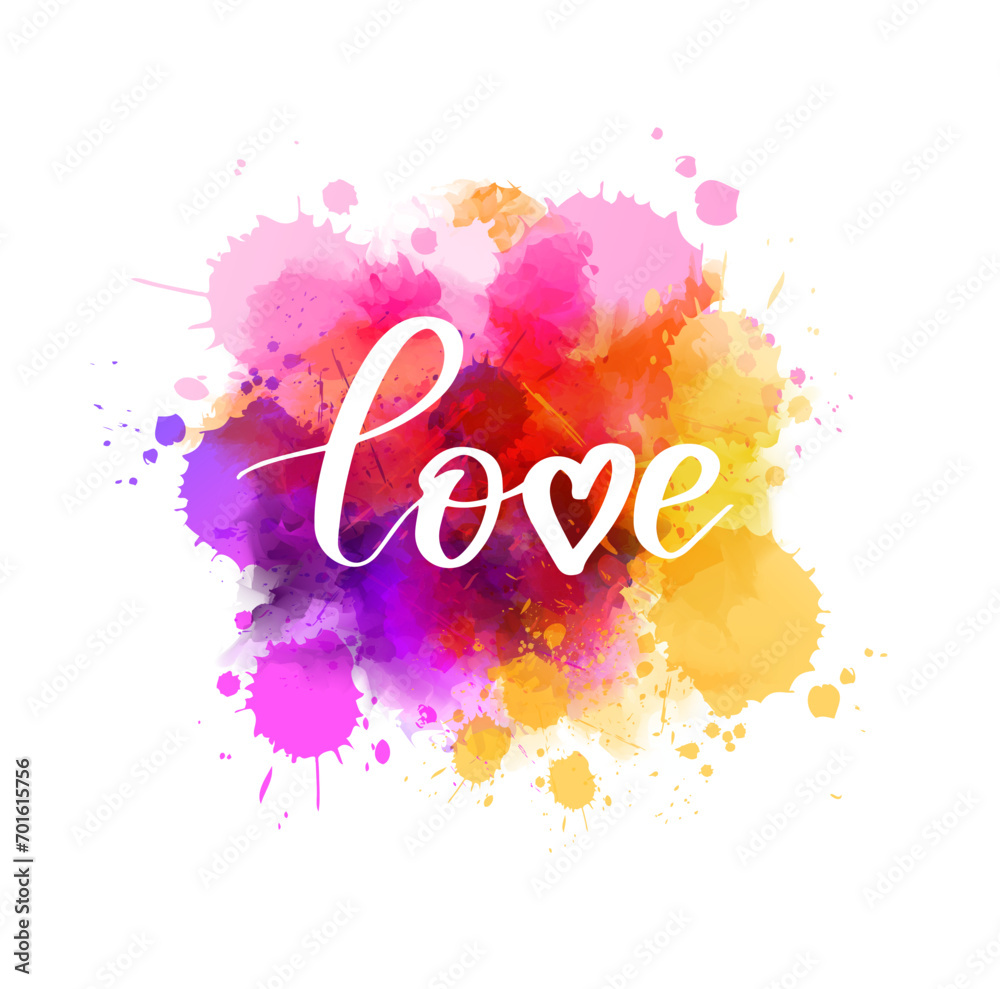 Love. Handwritten modern calligraphy lettering text on multicolored ...