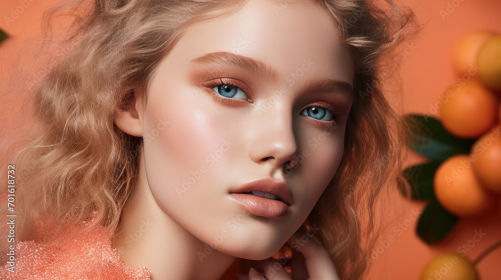 Beauty Woman Face with peach make-up. Beautiful Girl face with peach ...