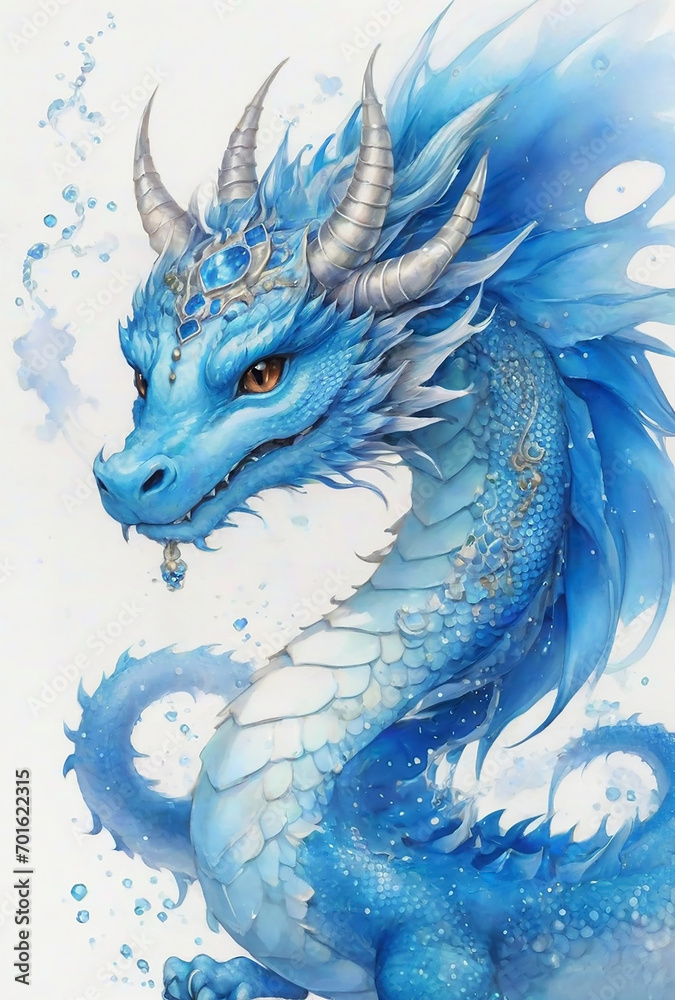 Blue dragon god in water color paint, 青龍, 龍神, 龍, illustration art ...