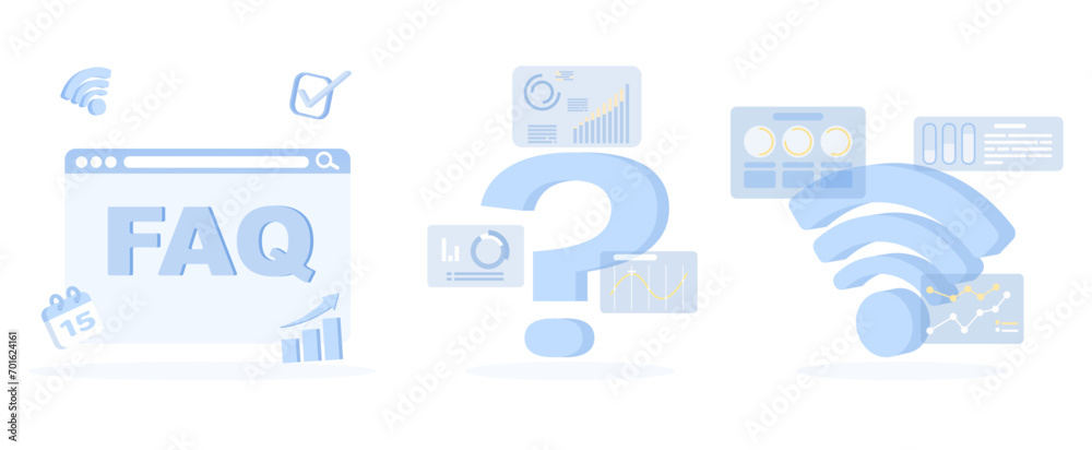 Vetor de Frequently asked questions symbols and characters set. Ask questions, answer, analysis ...