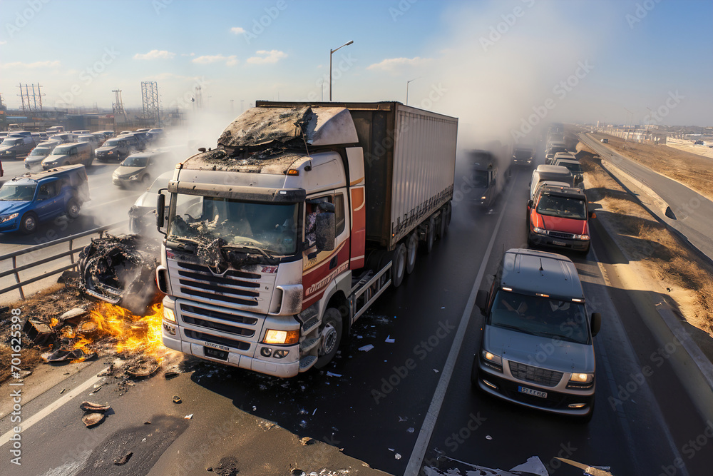 Big car crash on the highway. Truck that is on fire on the side of the ...