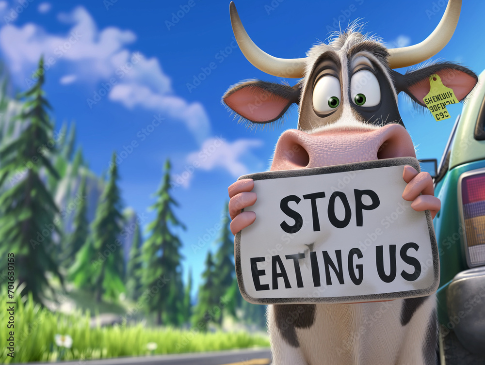 Lustige Kuh Cartoons mit Hinweisschild bitte nicht essen, ai generativ ...