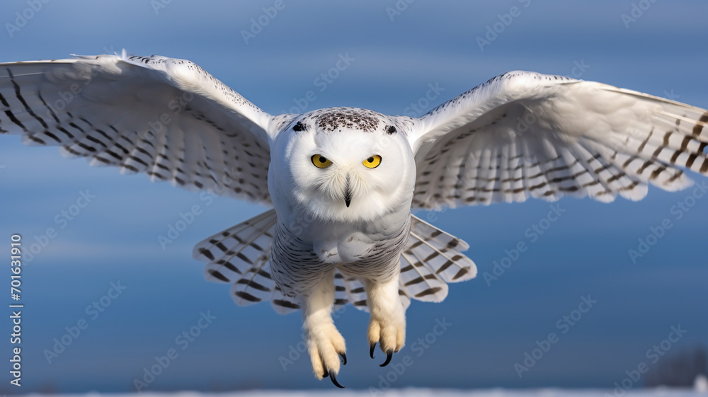 majestic barn owl takes flight, its wings spread wide open in a ...
