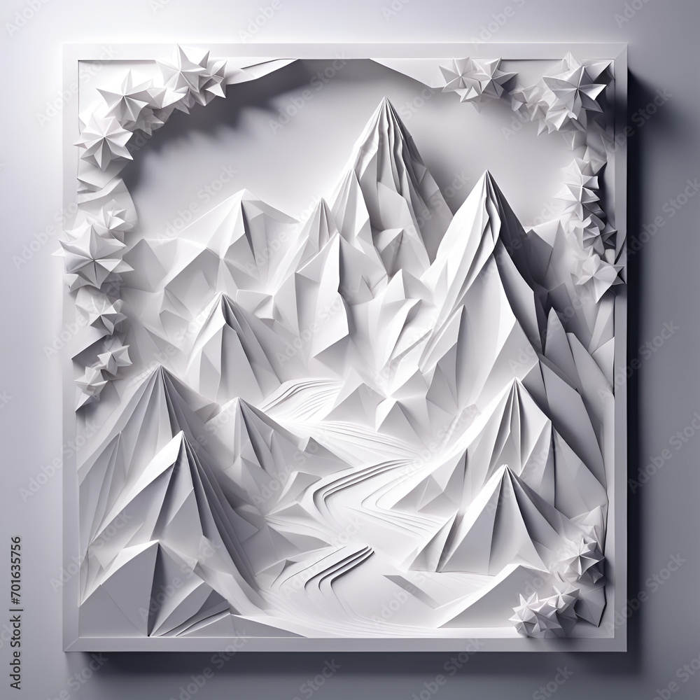 Landschaft mit Bergen und Tälern, wie in den Alpen aus Papier, wie Origami Falttechnik in weiß ...