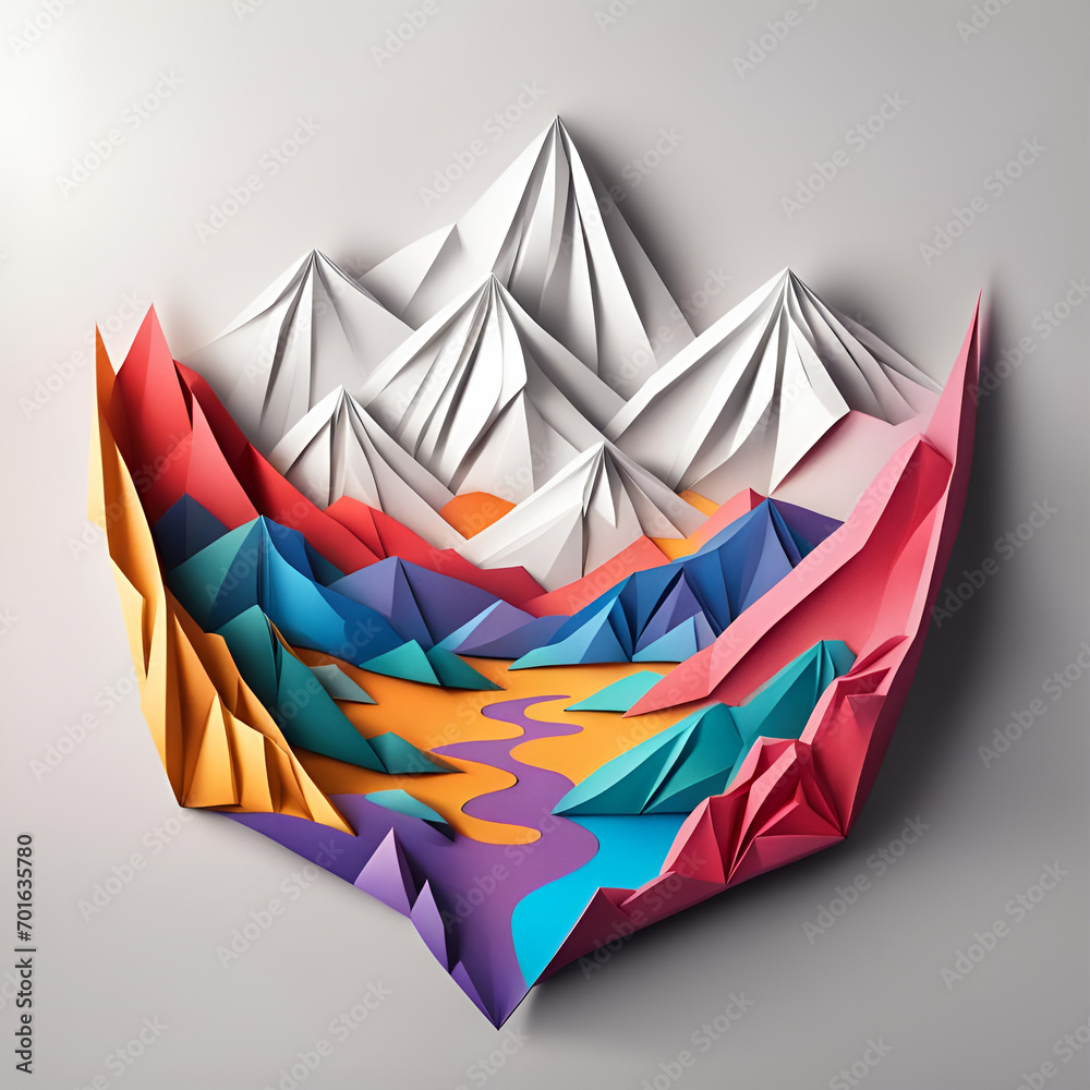 Landschaft mit Bergen und Tälern, wie in den Alpen aus Papier, wie Origami Falttechnik in weiß ...