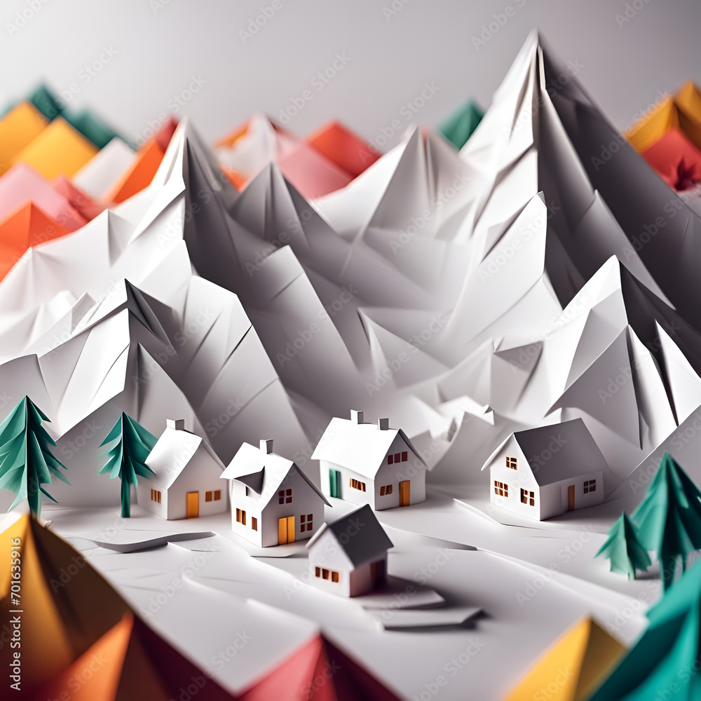 Landschaft mit Häusern Bergen und Tälern, wie in den Alpen aus Papier, wie Origami Falttechnik ...